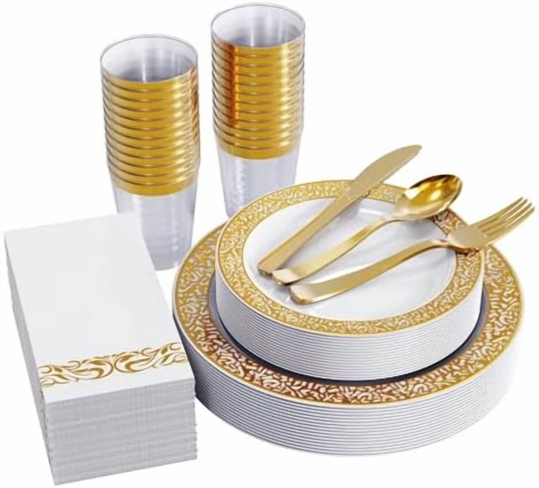 175 Ct Gold Dinnerware Set for 25 Guests, Plastic Plates with Gold Lace ...