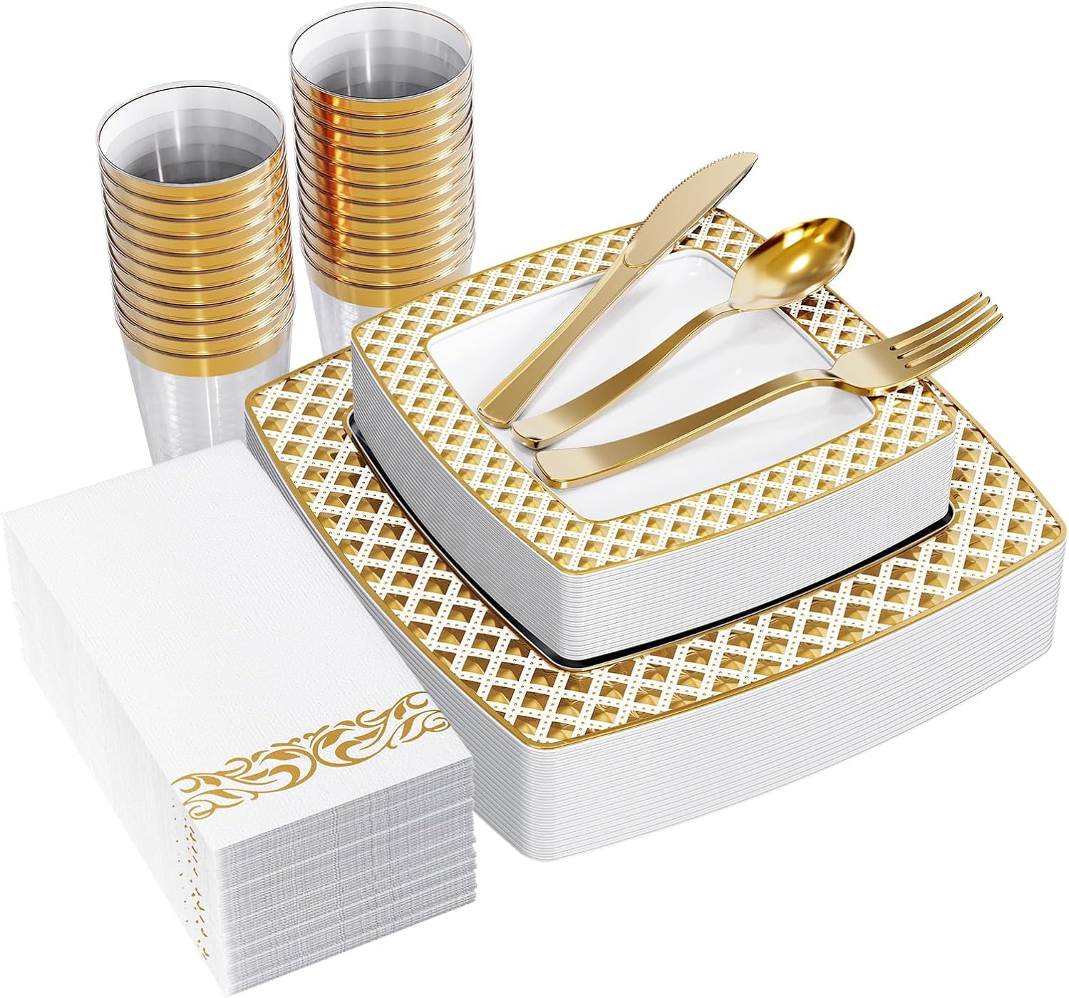 175 Ct Gold Dinnerware Set for 25 Guests - Square Plastic Plates with ...