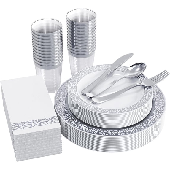 175 Ct Silver Dinnerware Set for 25 Guests, Plastic Plates with Silver ...