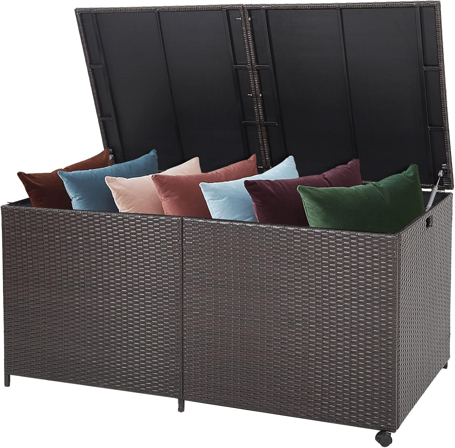 175 Gallon Outdoor Storage Box, Wicker Patio Deck Box with 2 Universal ...