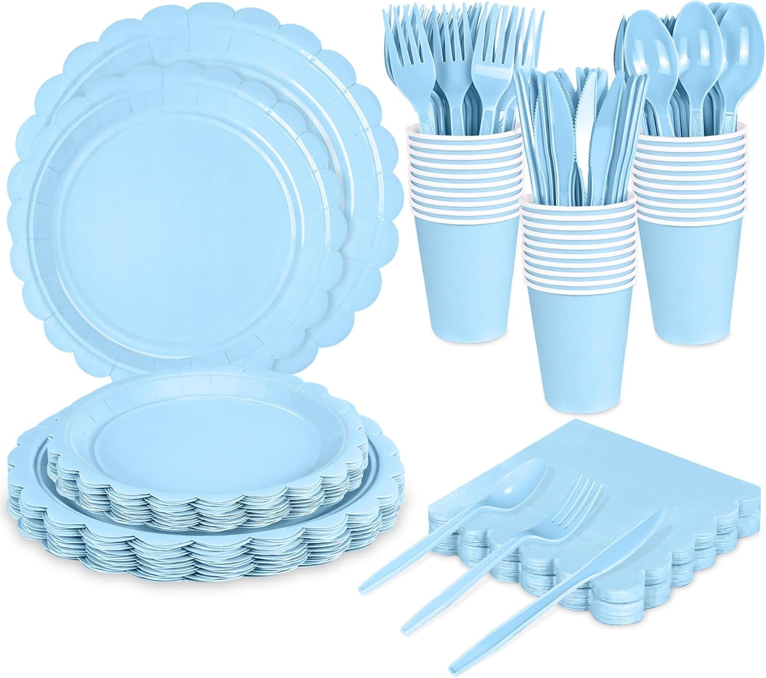 PHYSUN-175 PCS Light Blue Scalloped Plates and Napkins, Blue Disposable ...