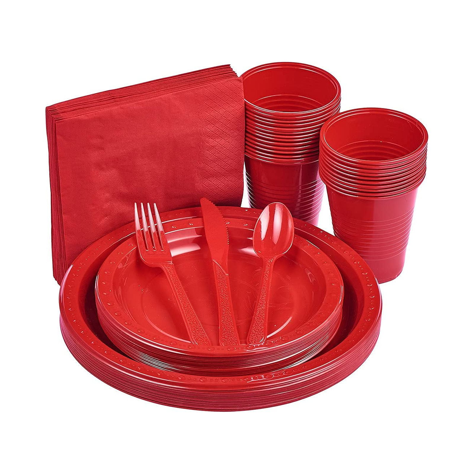 175 PCS Red Plastic Dinnerware Set AFN1Includes 50 Plates, 25 Cups, 25 ...