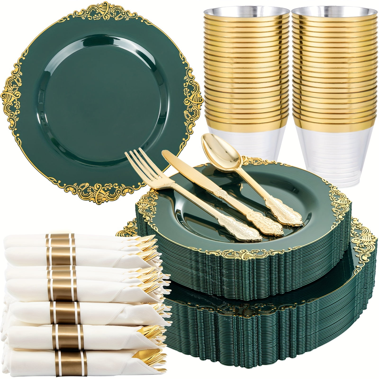 175 PCS Silver&Green&Blue Plastic Plates - Disposable Silver&Green&Blue ...