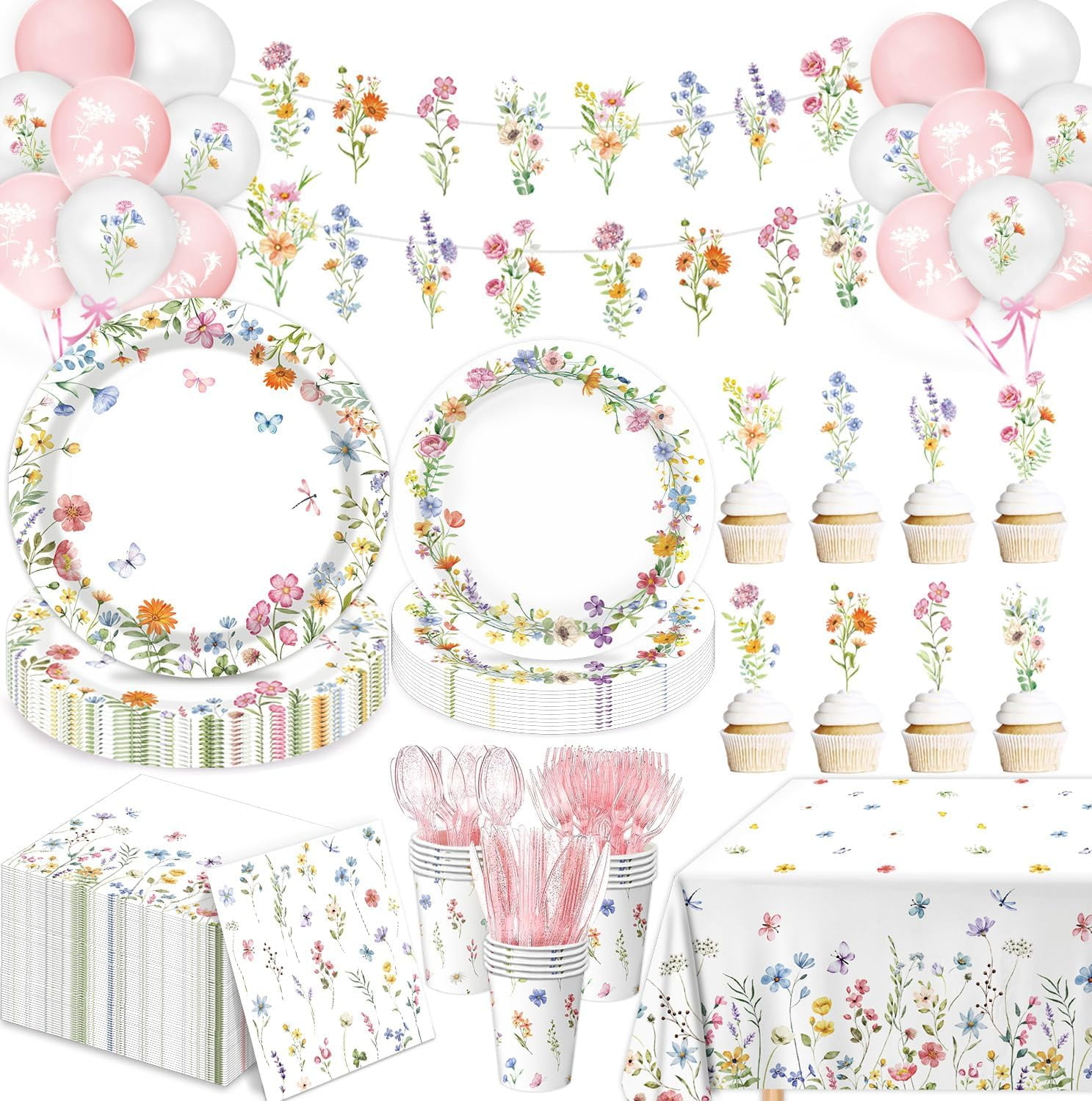 175 PCS Spring Wildflower Party Decorations include Plates, Cups ...