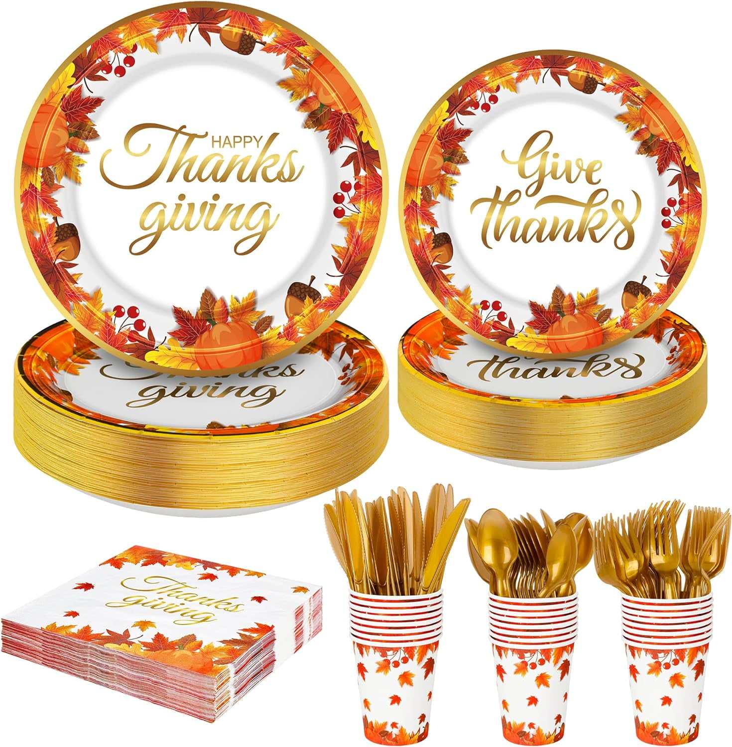 175 PCS Thanksgiving Plates Set, Serve 25 Guests Disposable Dinnerware ...