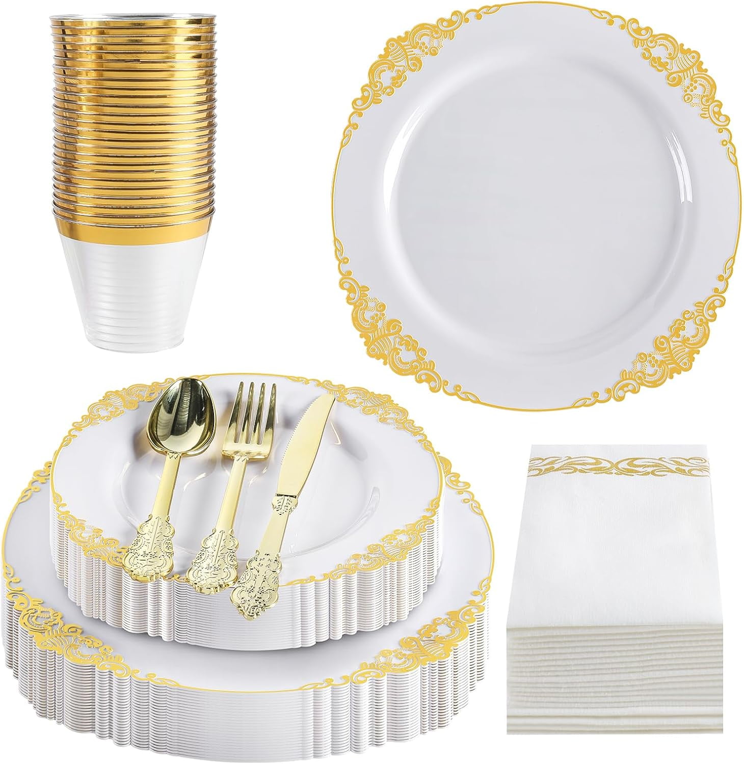 175 PCS White and Gold Plastic Dinnerware Set for 25 Guests,Disposable ...