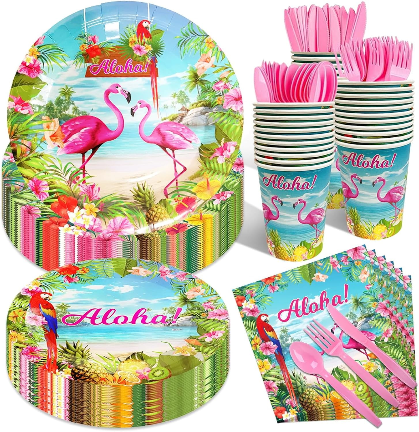 175 Pcs Aloha Tropical Flamingo Party Supplies Set - Serves 25 ...