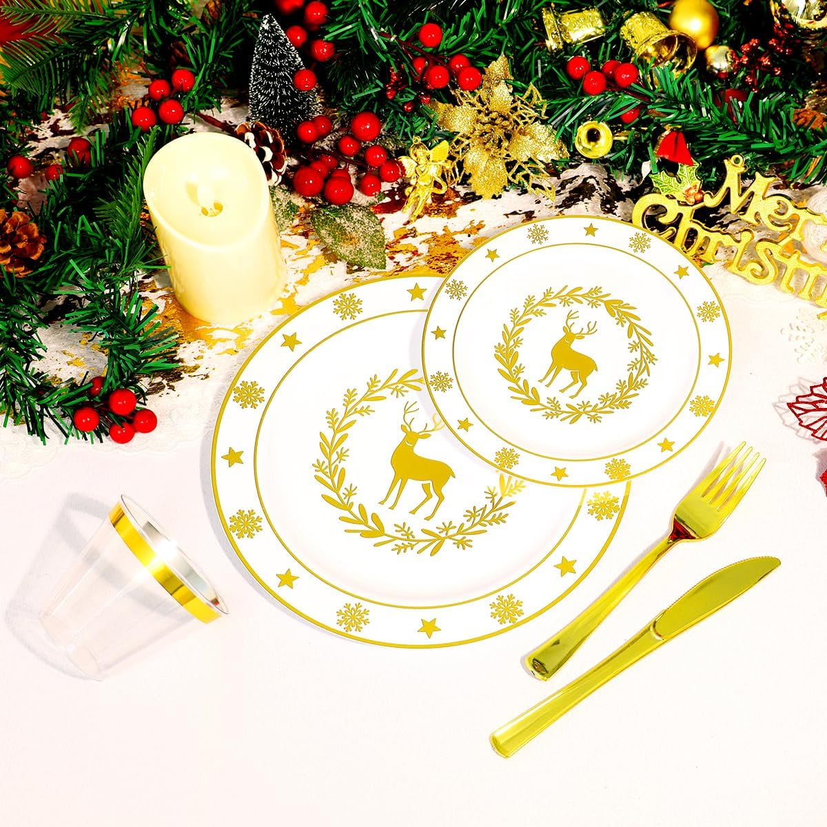 175 Pcs Christmas Plastic Plates Dinnerware Set Disposable Christmas ...