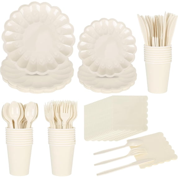 175 Pcs Cream White Disposable Party Tableware Set Include Scalloped ...