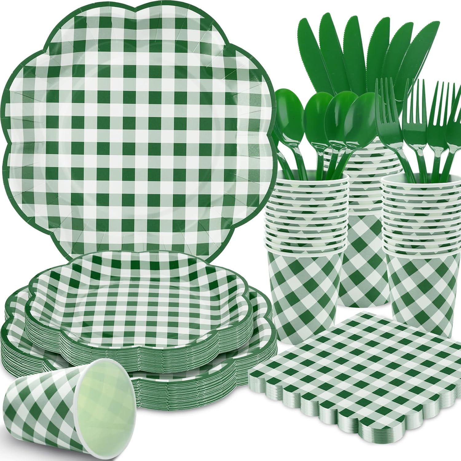 175 Pcs Green Gingham Plates and Napkins Party Supplies - Green and ...