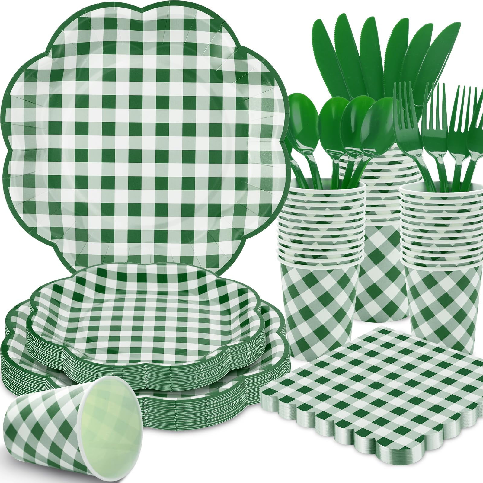 175 Pcs Green Gingham STF9 Plates and Napkins Party Green and White ...