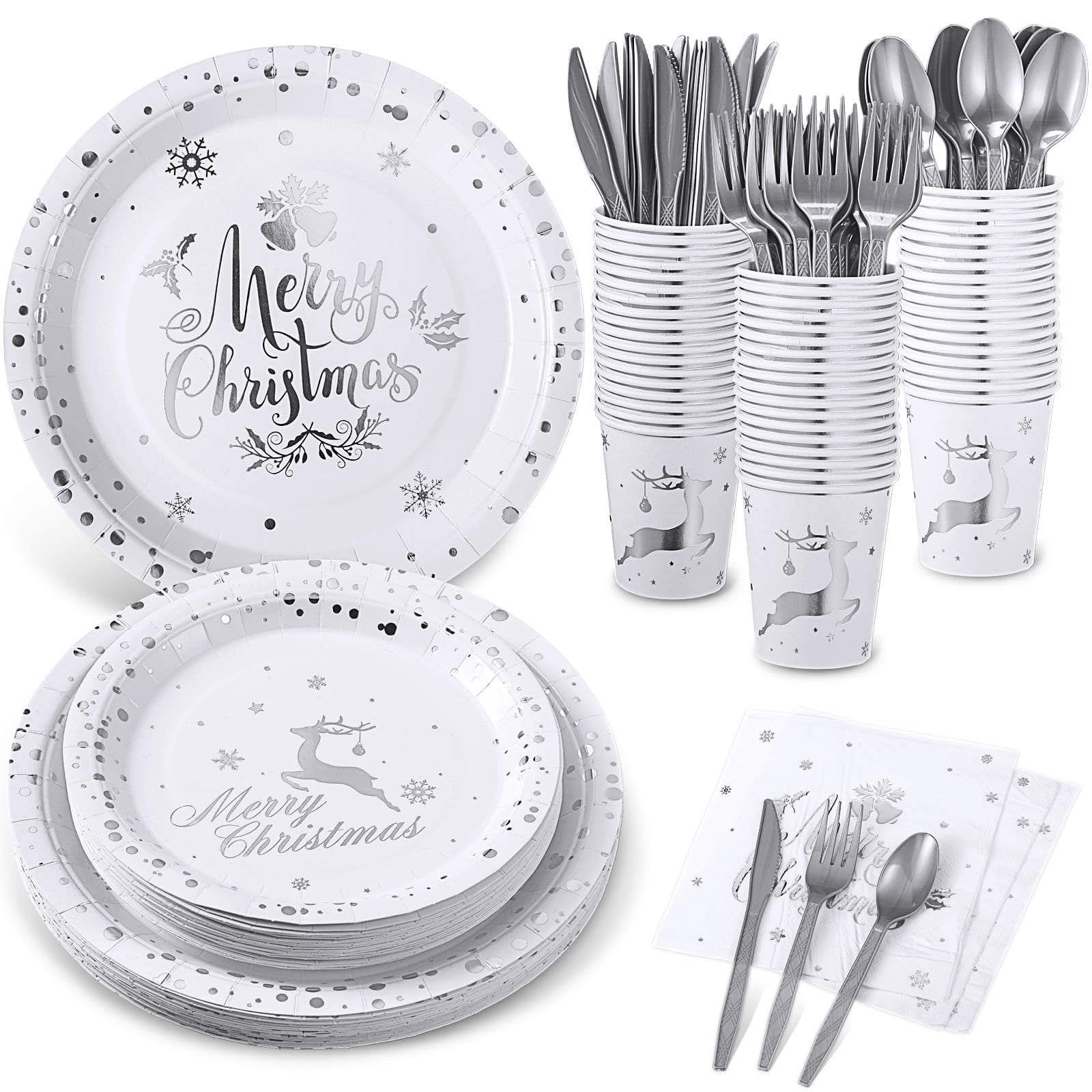 175 Pcs Merry Party Dinnerware Foil Dots Paper Plates Set Elk ...