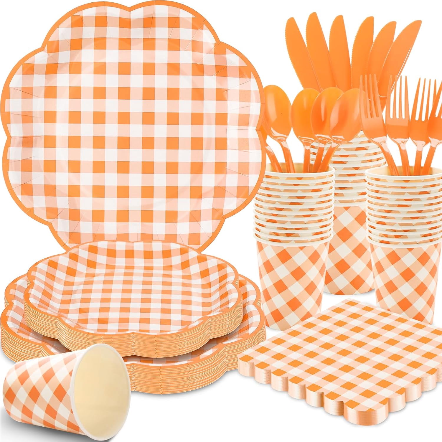 175 Pcs Orange and White Gingham Party Supplies - Orange Gingham Paper ...