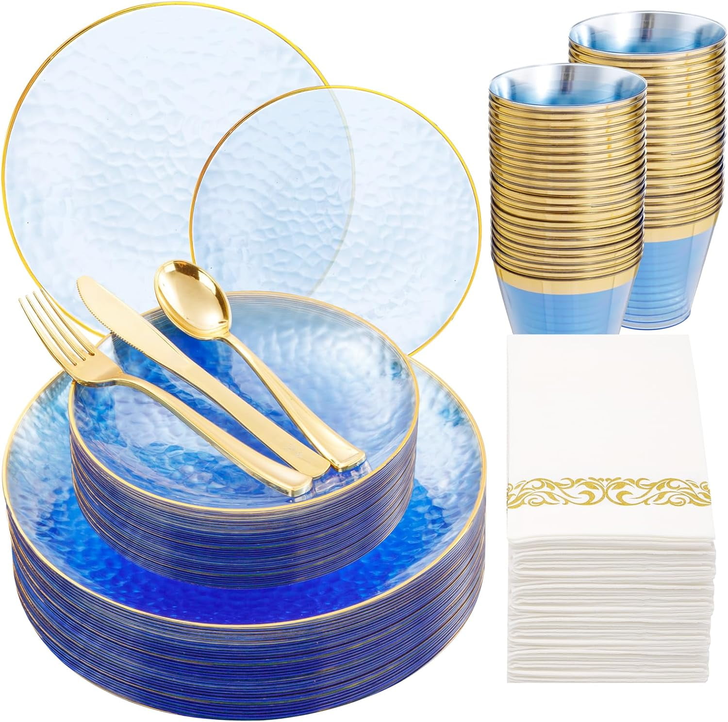 175 Pcs Plastic Dinnerware Set (25 Guests), Blue Disposable Plates With ...