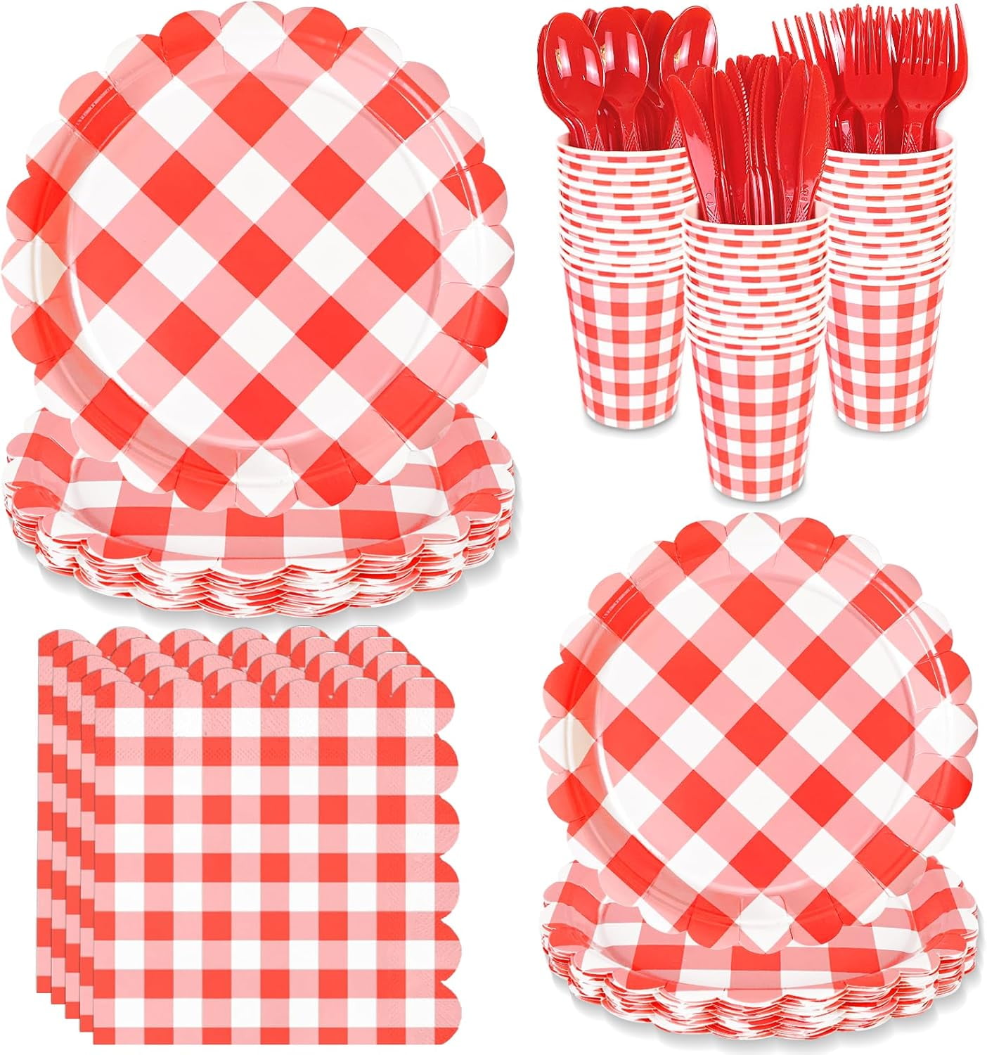 175 Pcs Red Scalloped Gingham Party Supplies for 25 Guests, Red and ...