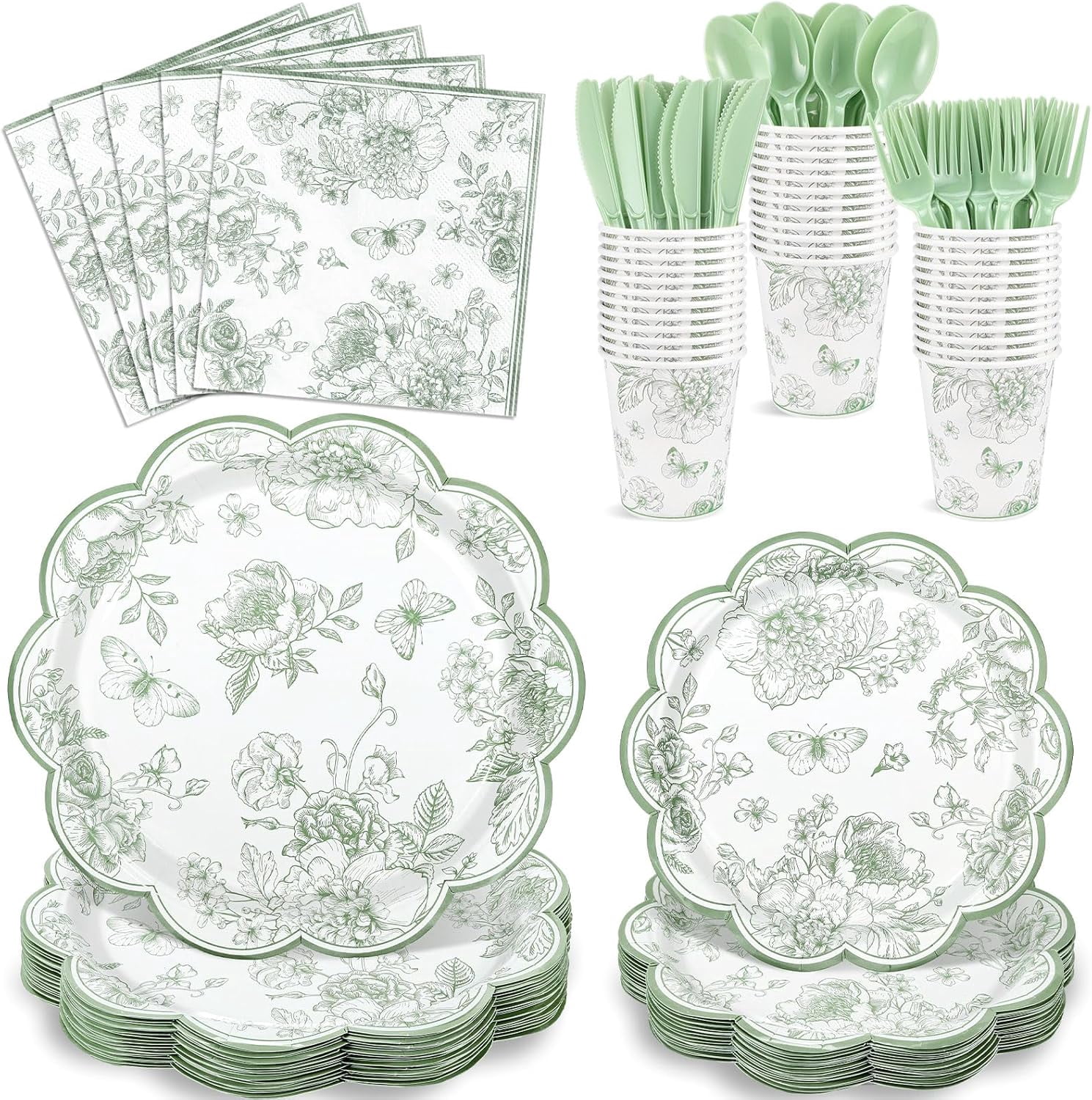 175 Pcs Sage Green Floral Plates and Napkins 25 Guest Scalloped Toile ...