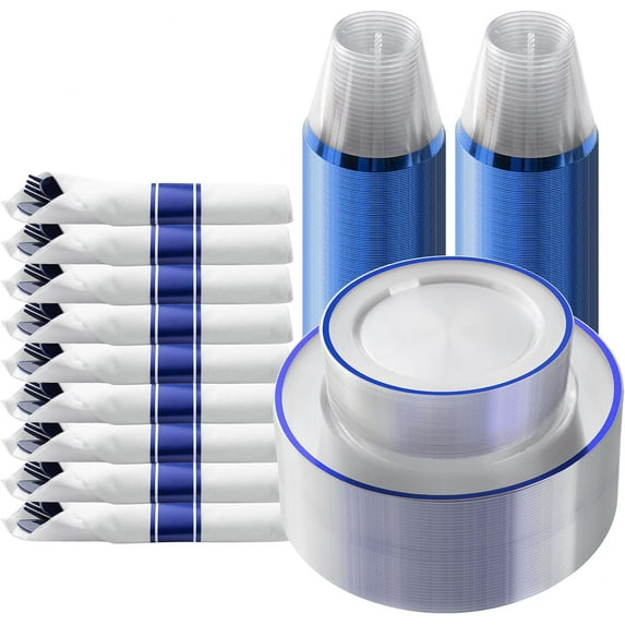 175 Piece Dark Blue Plastic Dinnerware Set for Party, Clear Disposable ...