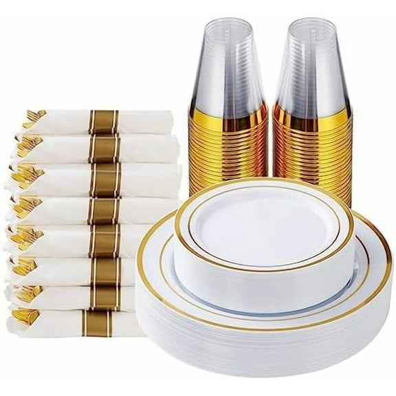 350PCS Gold Plastic Dinnerware Set for 50 Guests, Fancy Disposable ...