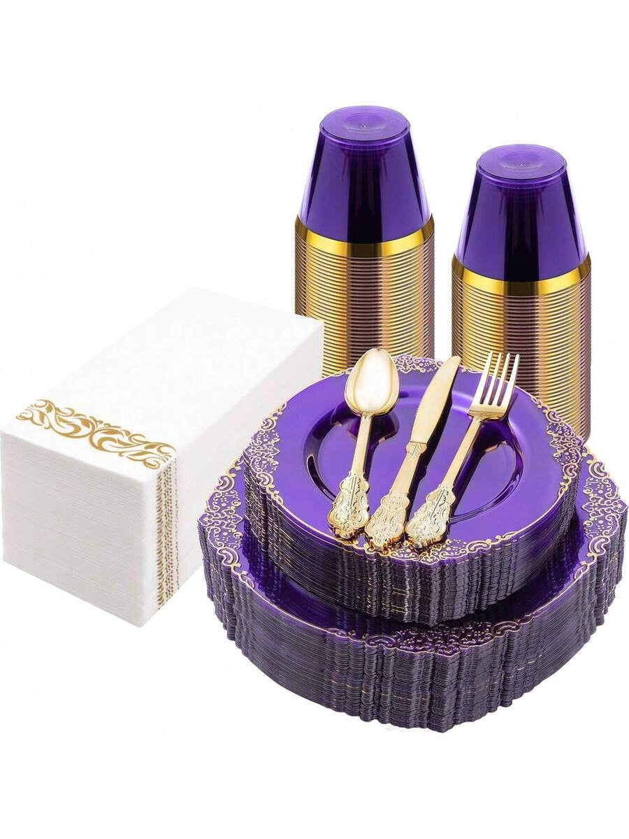 175-Piece Purple and Gold Disposable Party Tableware Set for 25 Guests ...