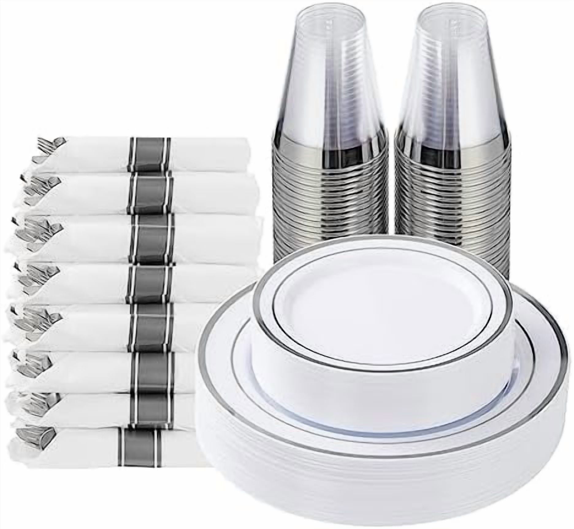 175 Piece Silver Plastic Dinnerware Set for 25 Guests, Fancy Disposable ...