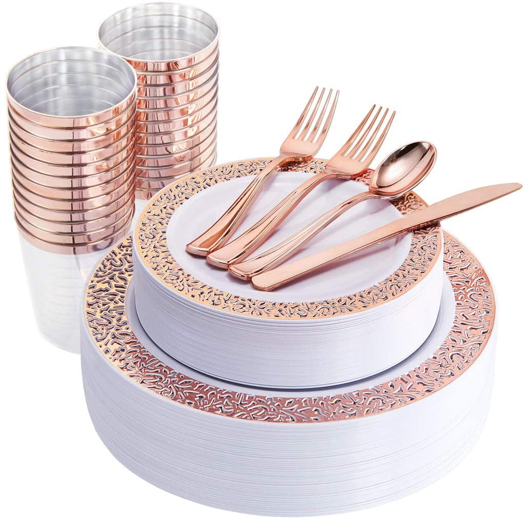 175 Pieces Rose Gold Plastic Dinnerware,Rose Gold Dinnerware Set ...