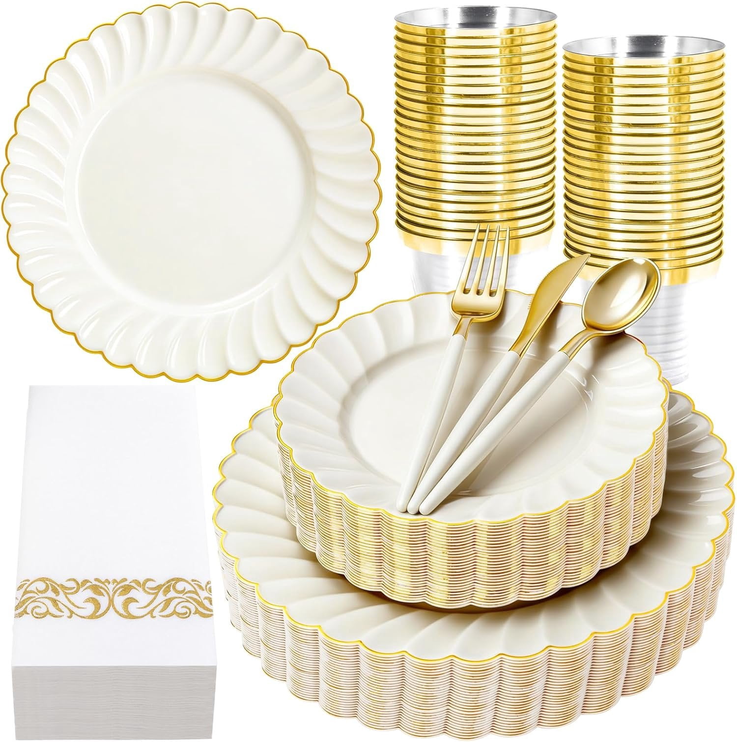 175 count Scalloped Plastic Plates - Disposable Plates Fancy High-end ...