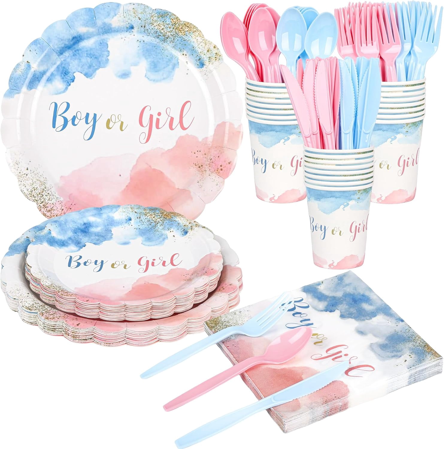 175-piece gender reveal plate and napkin set- serves 25 people, boy or ...