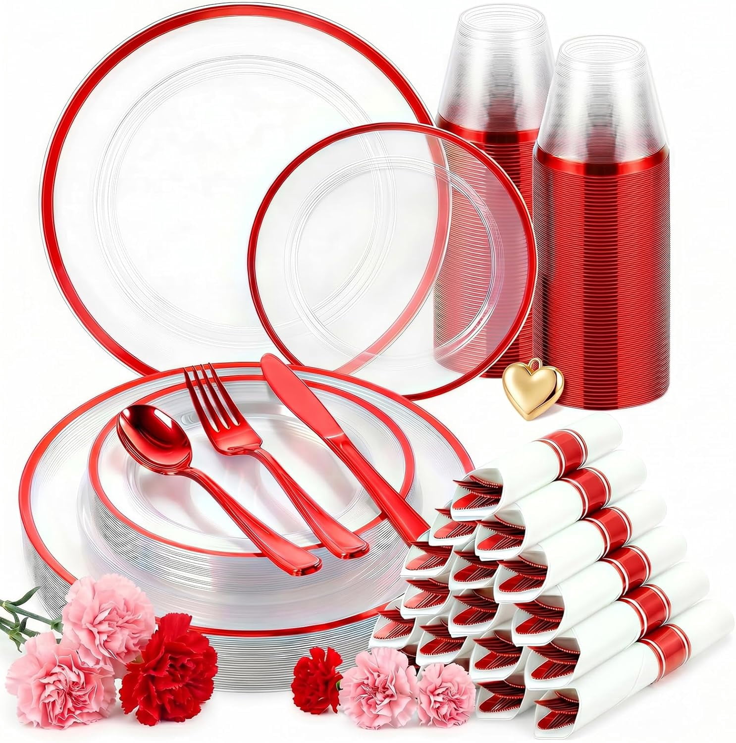 175 sets of plastic cutlery sets, clear and red disposable plastic ...