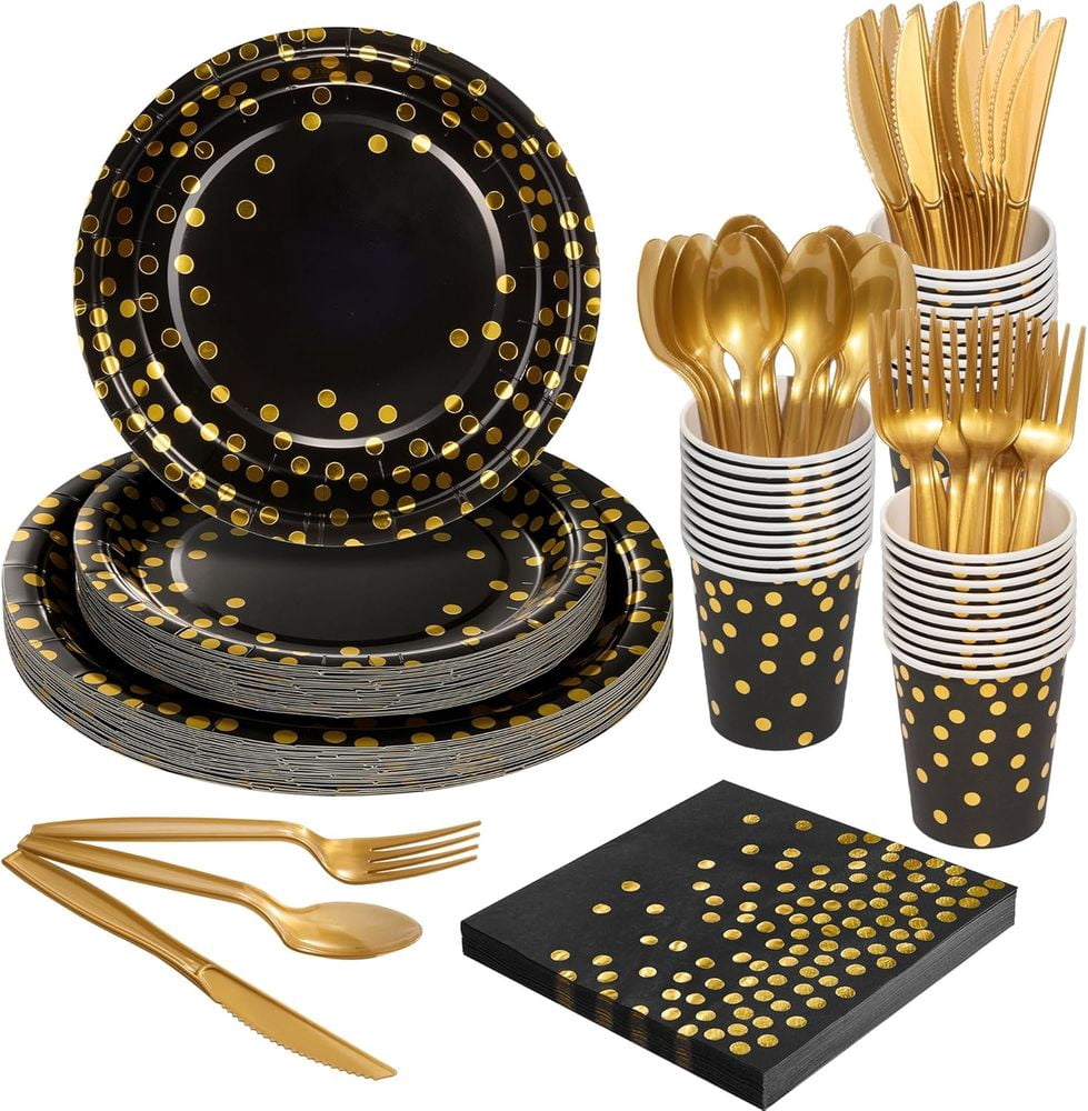 175PCS Black Gold Foil Polka Dot Disposable Party Tableware Set for 25 ...