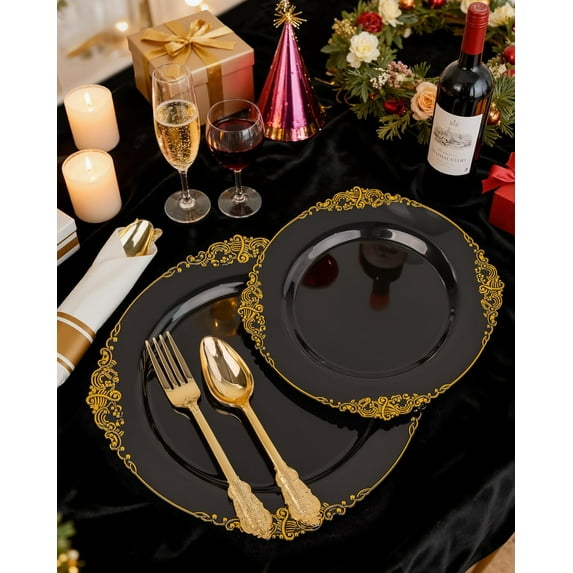 175PCS Black Plastic Plates - Disposable Black Gold Party Plates & Pre ...