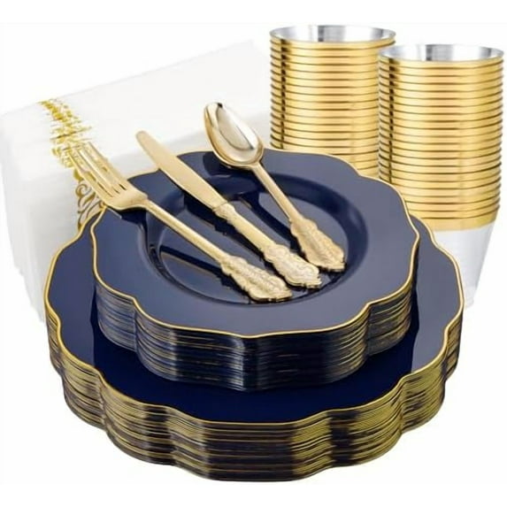 175PCS Blue Plastic Plates with Disposable Silverware - Include 50 Blue ...