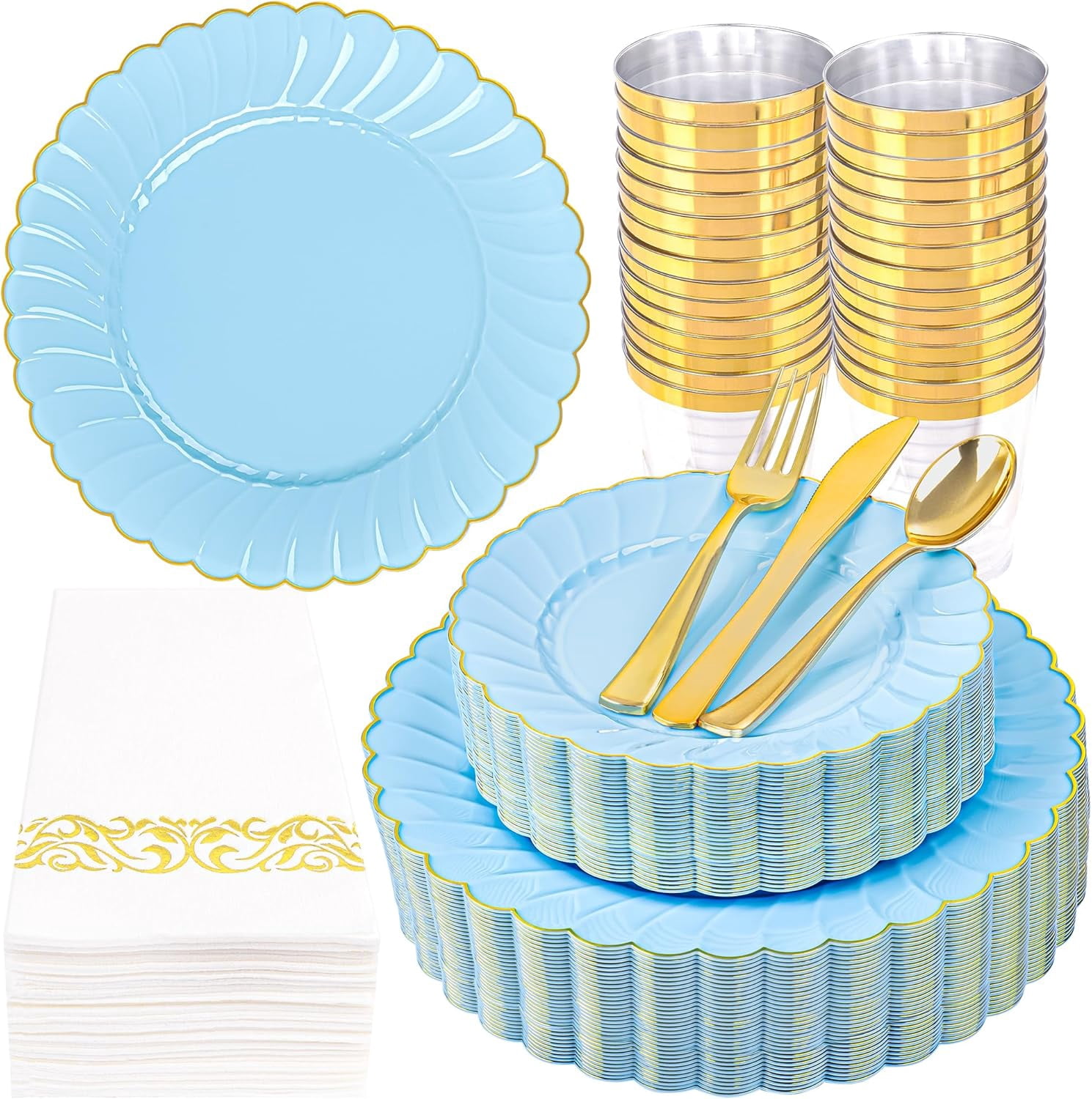 175PCS Blue Scalloped Plastic Plates - Light Blue Disposable Dinnerware ...