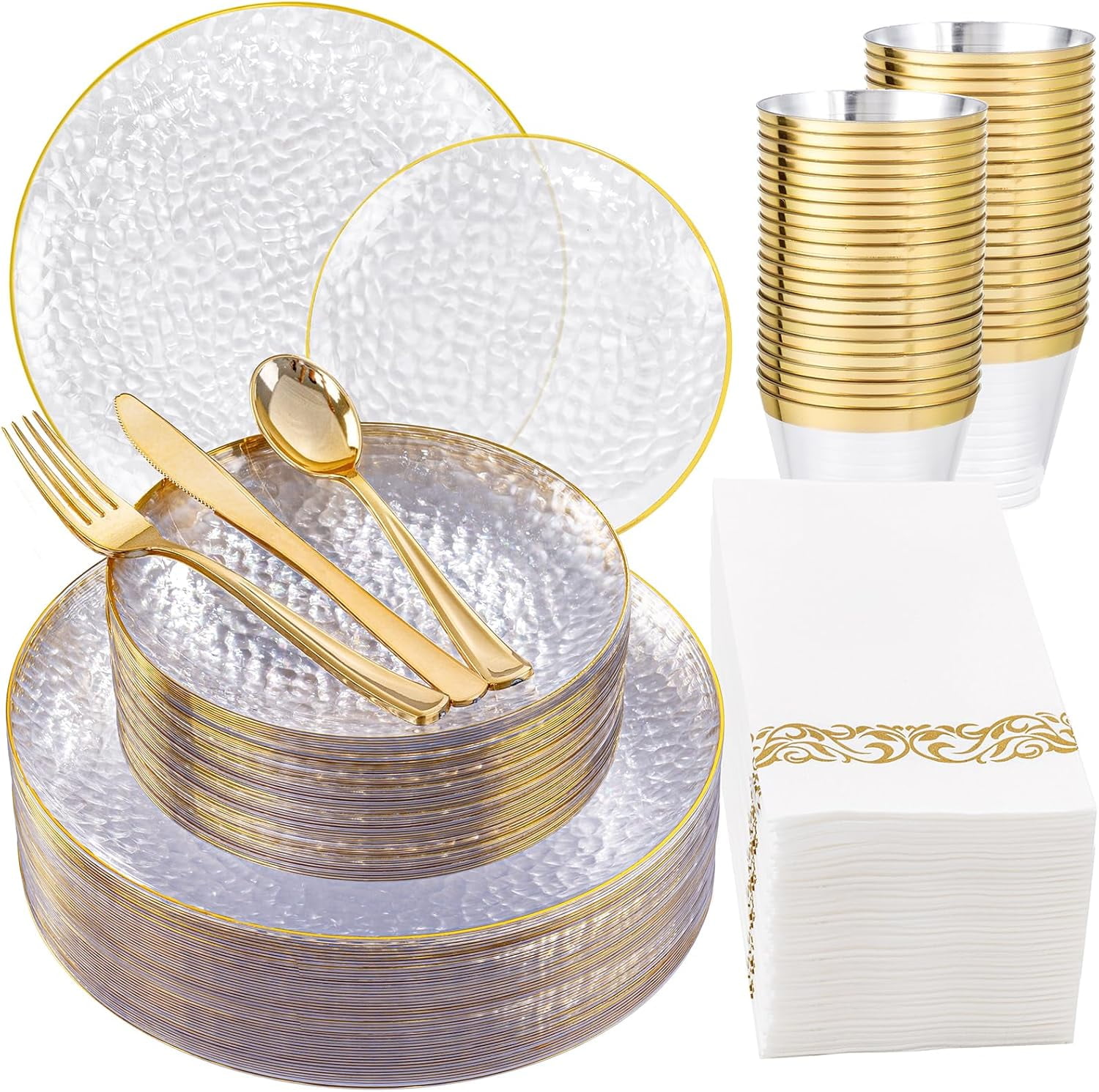 175PCS Clear Gold Plastic Dinnerware Set, Plastic Plates Disposable ...