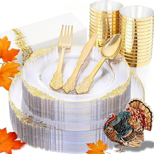 175PCS Clear Gold Plastic Plates - Gold Disposable Dinnerware Set for ...
