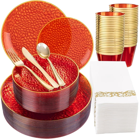 175PCS Clear Red Plastic Dinnerware Set, Hammered Disposable Plates for ...