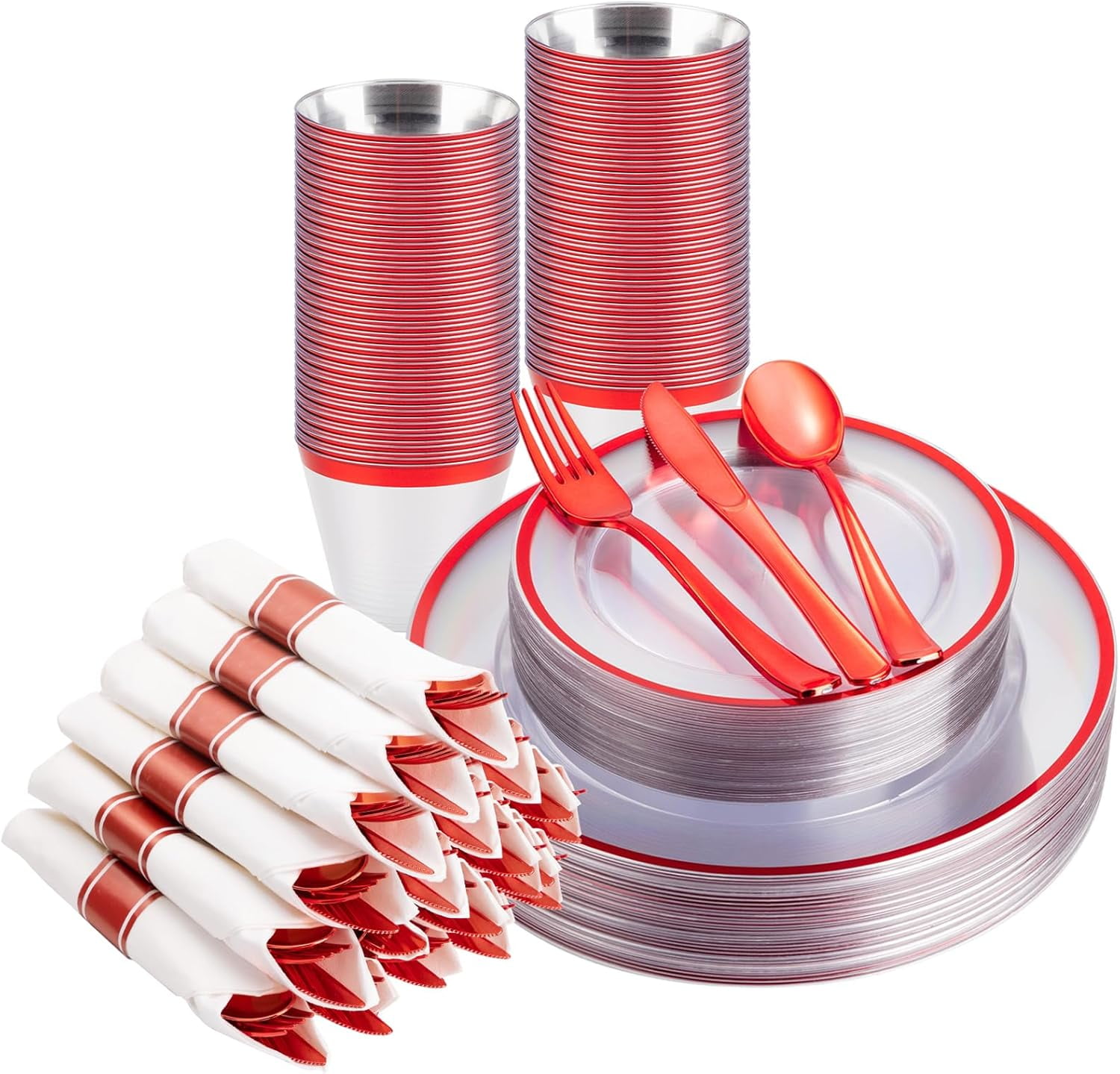 175PCS Clear and Red Disposable Plates Set for 25 Guests, 50 Plastic ...