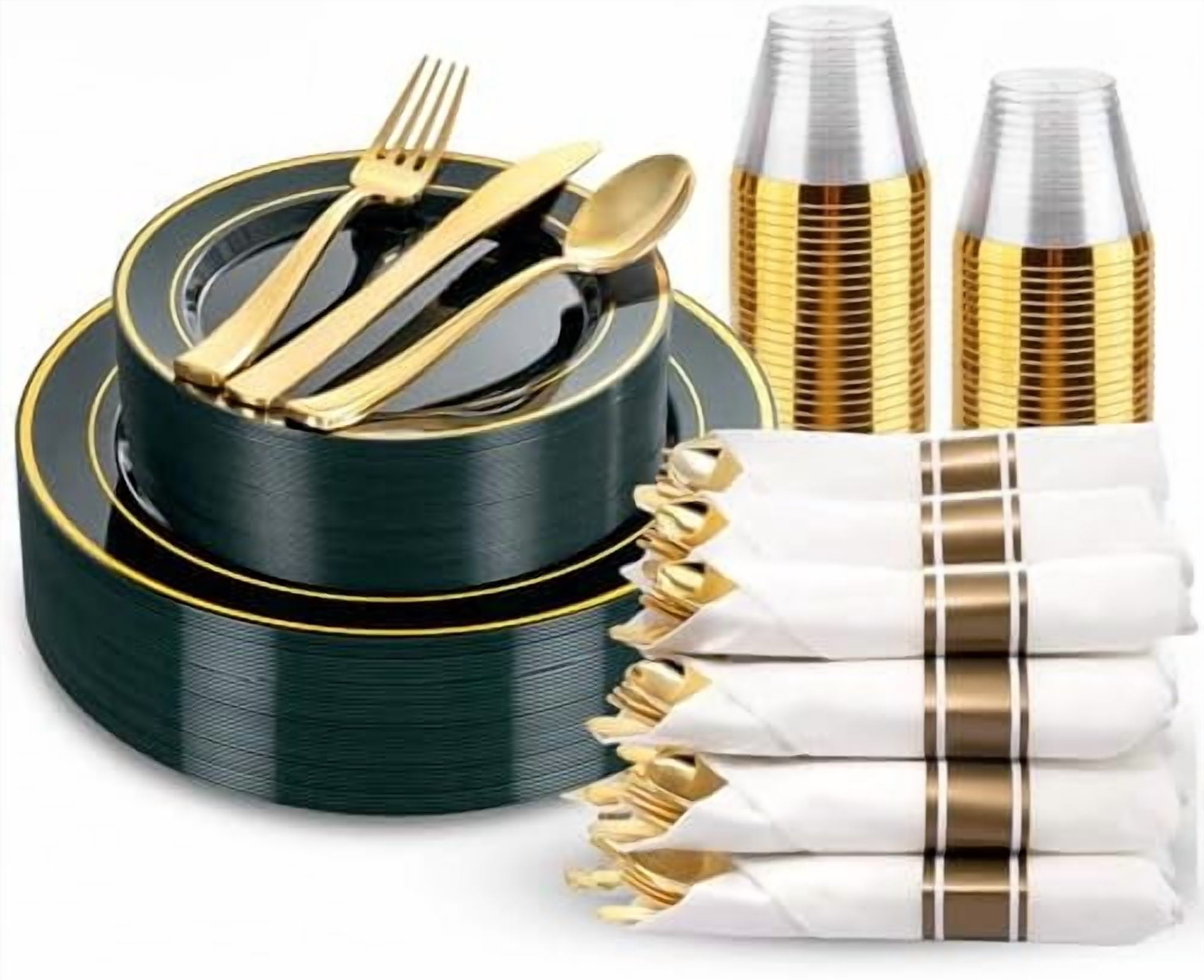 175PCS Green Plastic Plates - Green and Gold Disposable Plates 25Guests ...