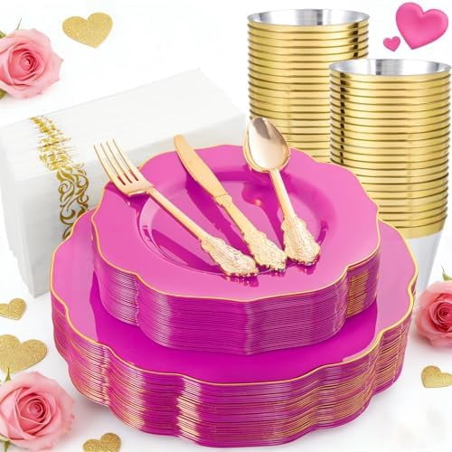 175PCS Hot Pink Plastic Plates with Gold Disposable Silverware ...