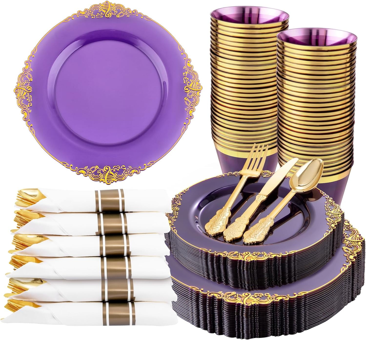 175PCS Purple Plastic Plates - Disposable Purple Gold Party Plates ...