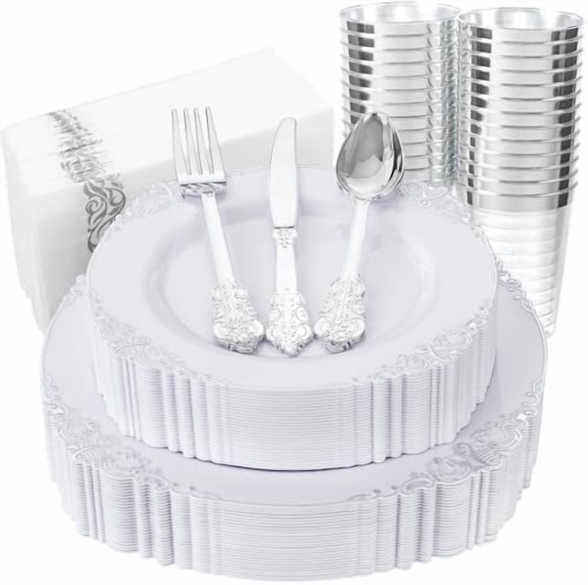 175PCS Silver Plastic Plates - White and Silver Disposable Plates for ...