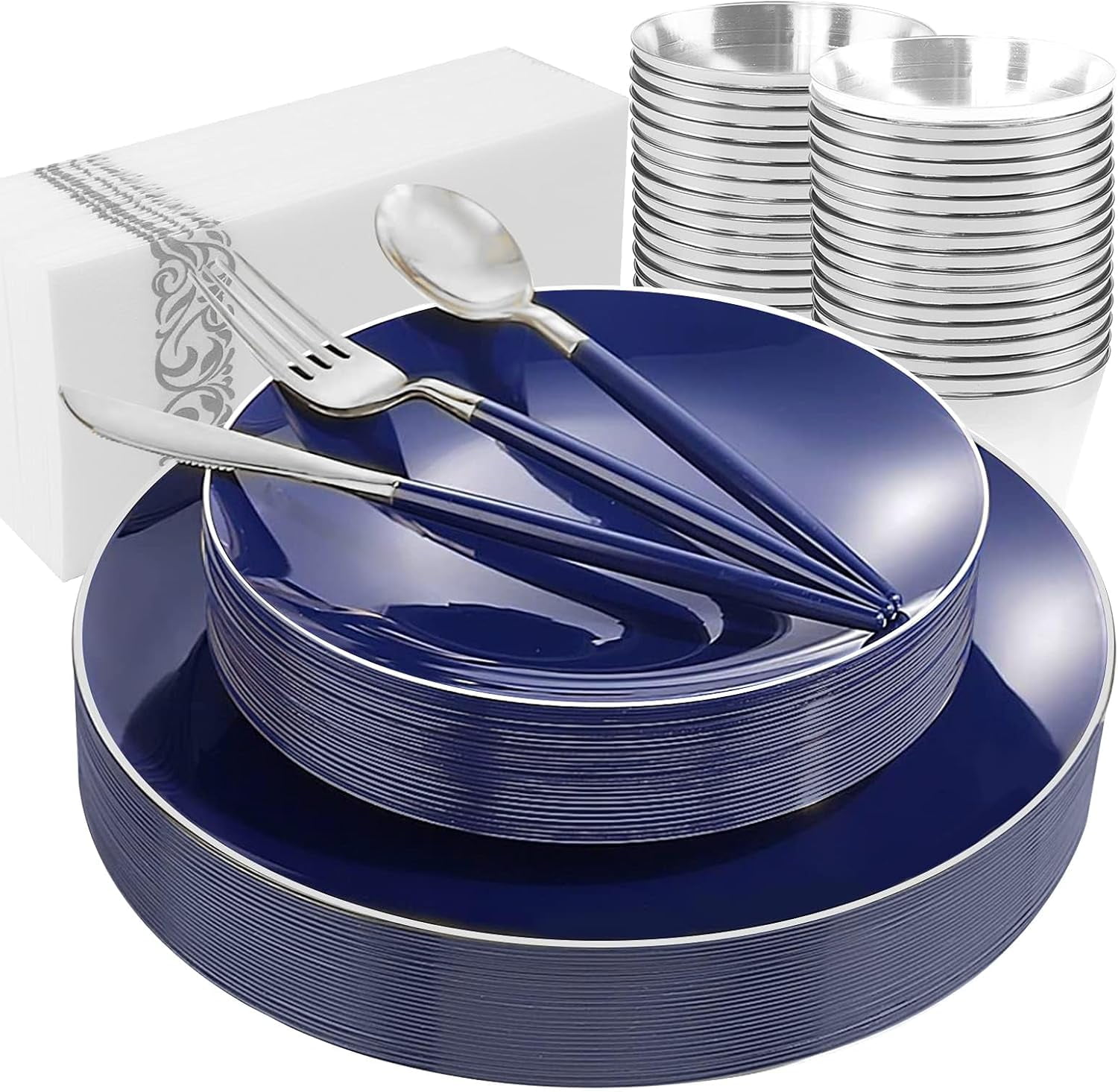 175Pcs Blue Plastic Plates with Silver Rim & Disposable Silverware with ...