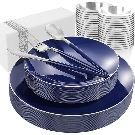 175Pcs Blue Plastic Plates with Silver Rim & Disposable Silverware with ...