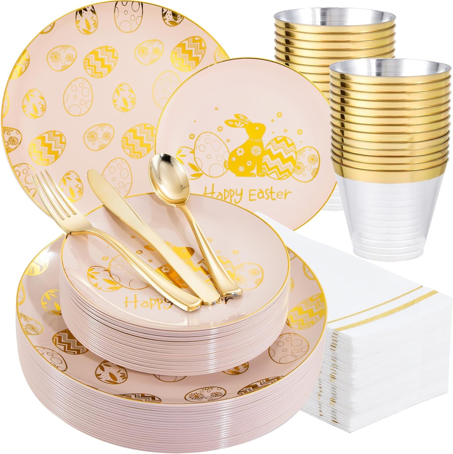 175Pcs Easter Plates with Gold Bunny - Pink Plastic Plates Dinnerware ...