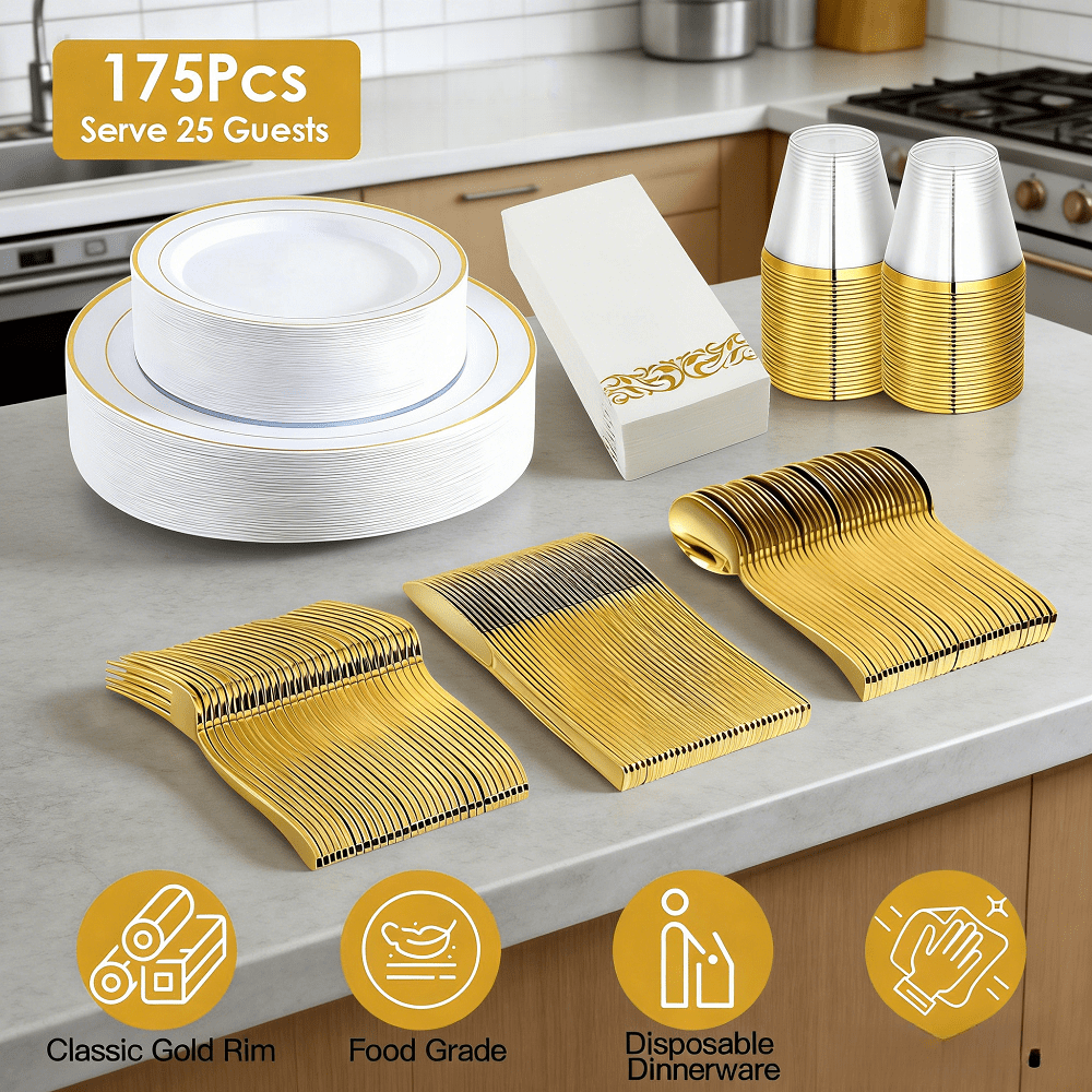 175Pcs Gold Disposable Dinnerware Set Plastic Plates Cups Cutlery ...