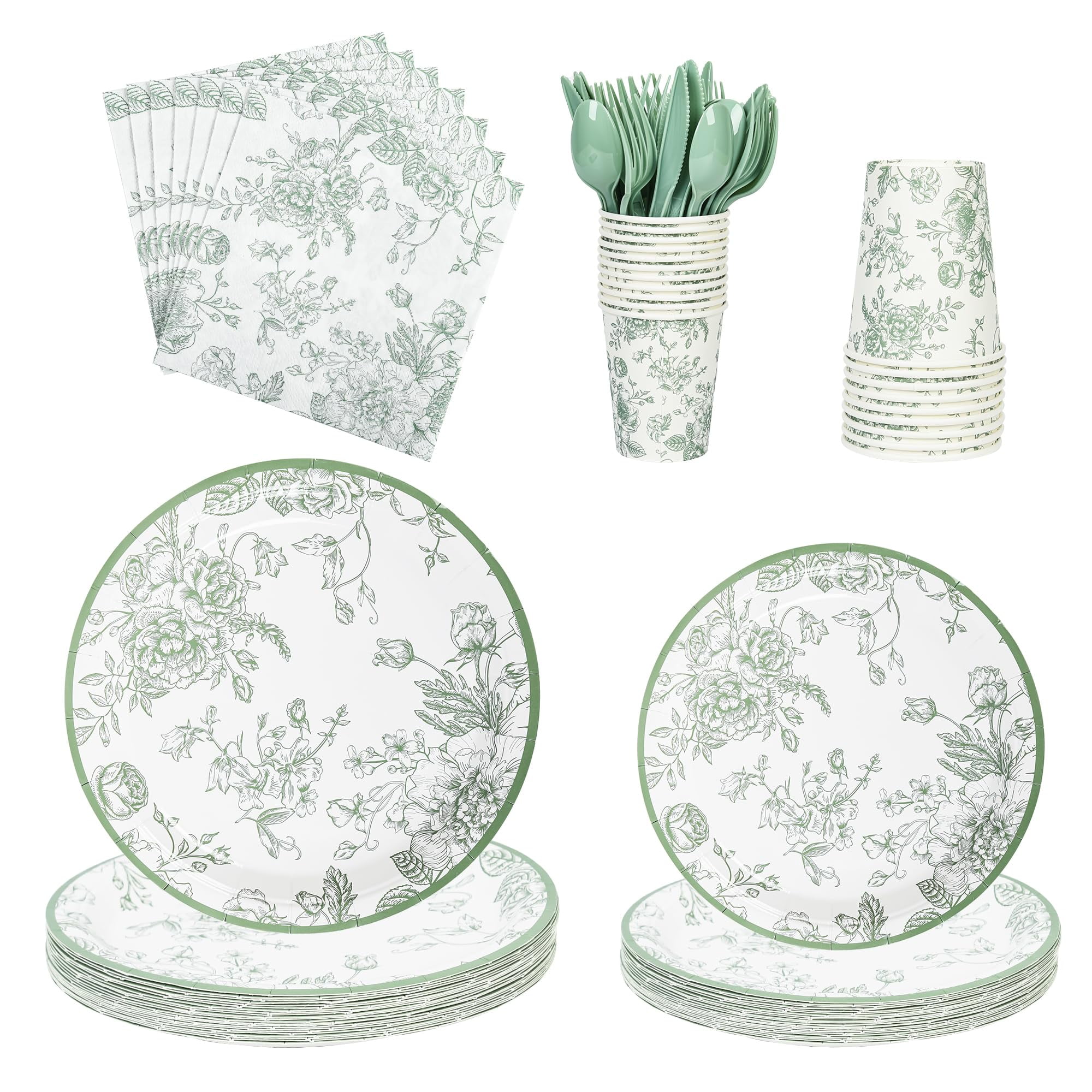 175Pcs Sage Green Floral MMF7 Paper Plates and Napkins Green Toile ...