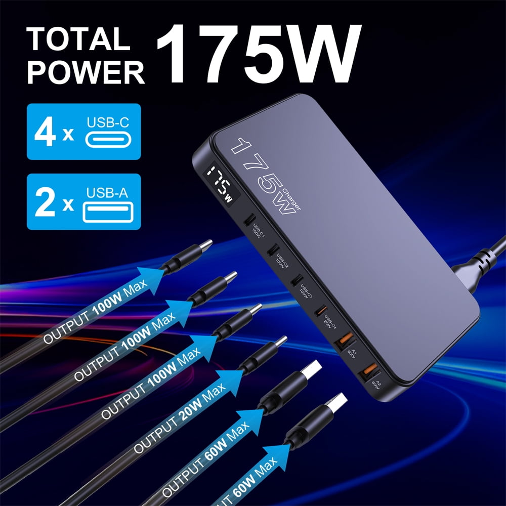 175W GaN USB C Charger LED Display 6-Port Desktop Charger Type C PD ...