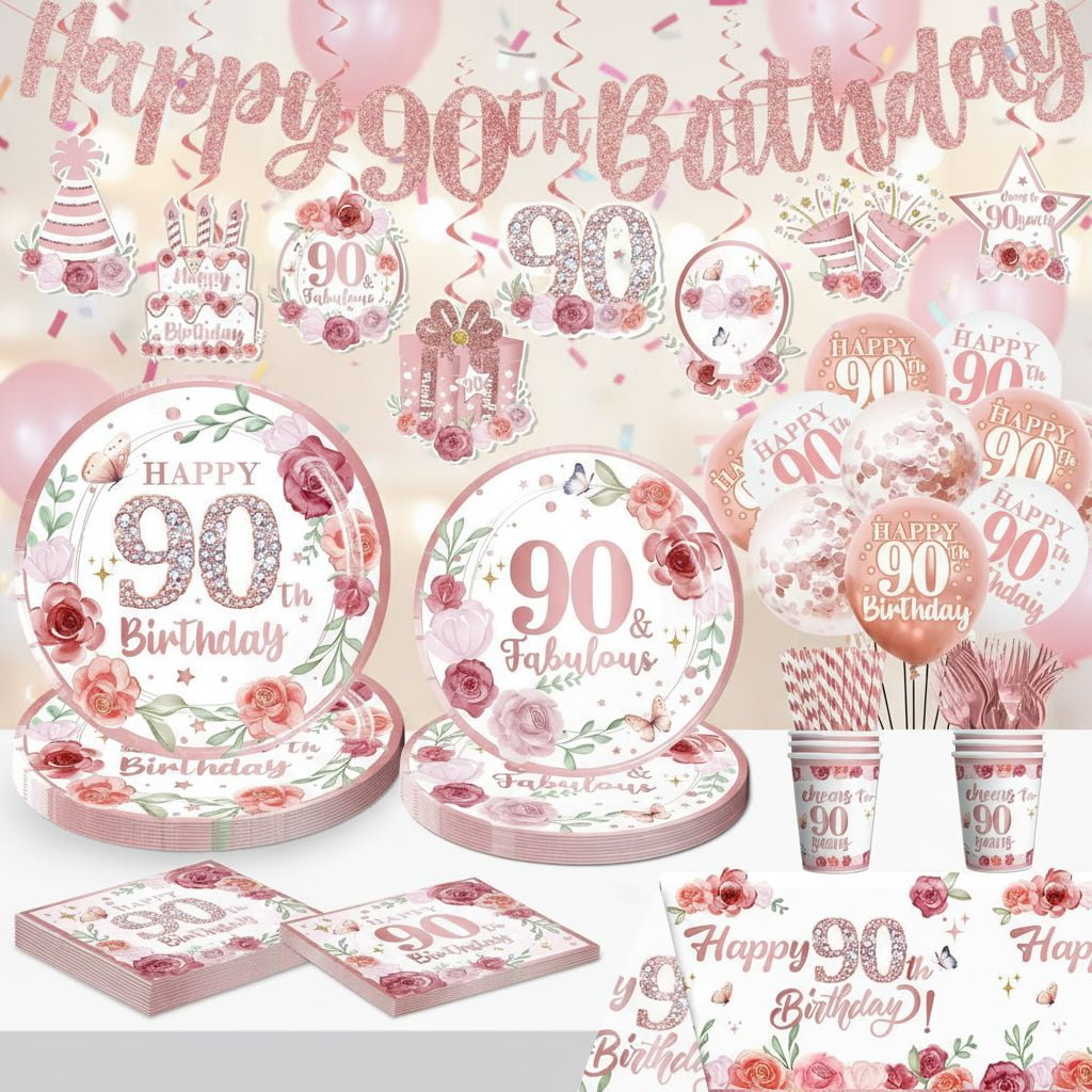 175pcs 90th Birthday Decorations Tableware Set for Women, Ninety ...