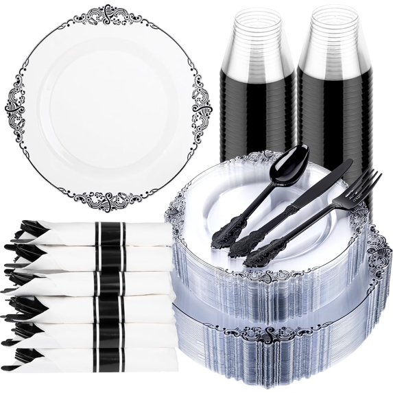 175pcs Black and Clear Party Plates Set for 25 Guests, Includes 50 ...