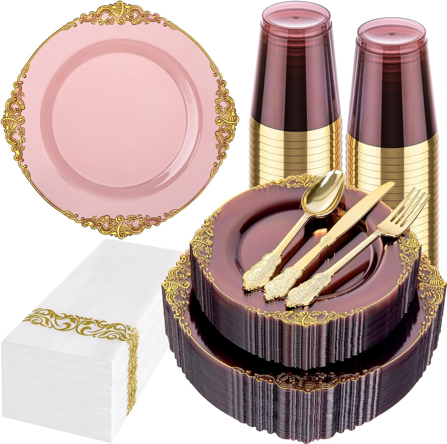 175pcs Burgundy and Gold Plates - Burgundy Party Plates for 25 Guest ...