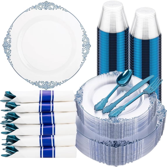 175pcs Clear and Blue Plates - Blue Party Plates for 25 Guest, Include ...